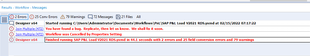 Solved: Workflow was Cancelled by Properties Setting - Alteryx Community