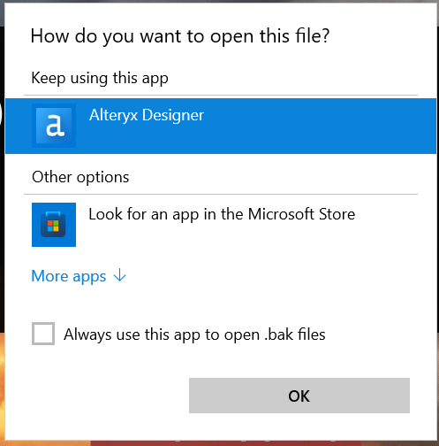 How to open .bak file in alteryx? - Alteryx Community