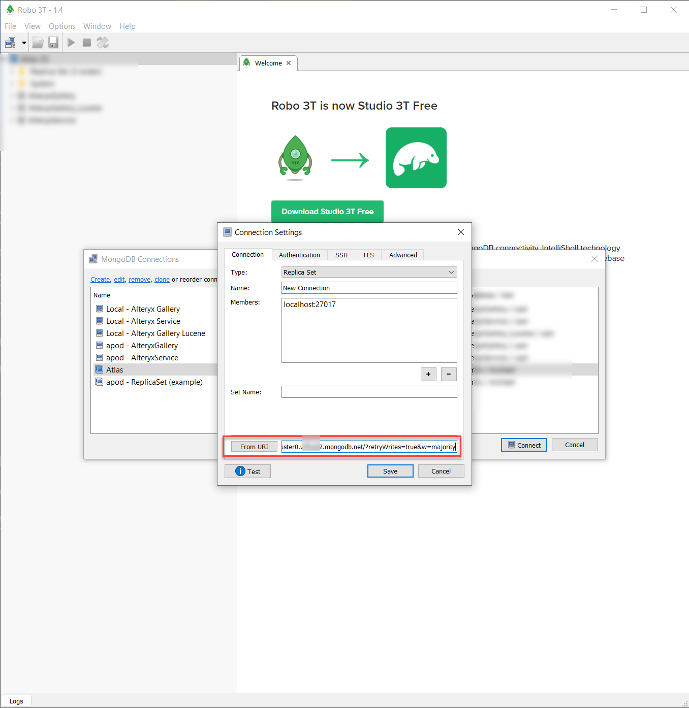 Connecting to MongoDB Replica Set on Atlas using Robo3T