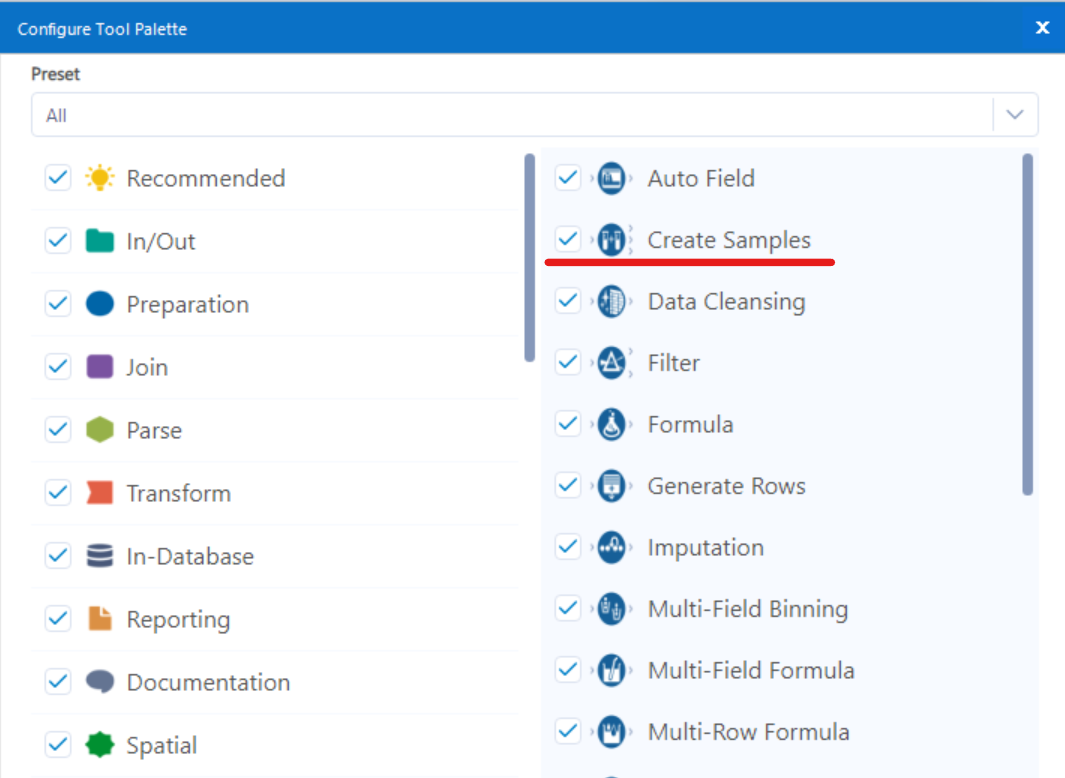 Solved: My Create Sample icon is missing from the menus - Alteryx Community