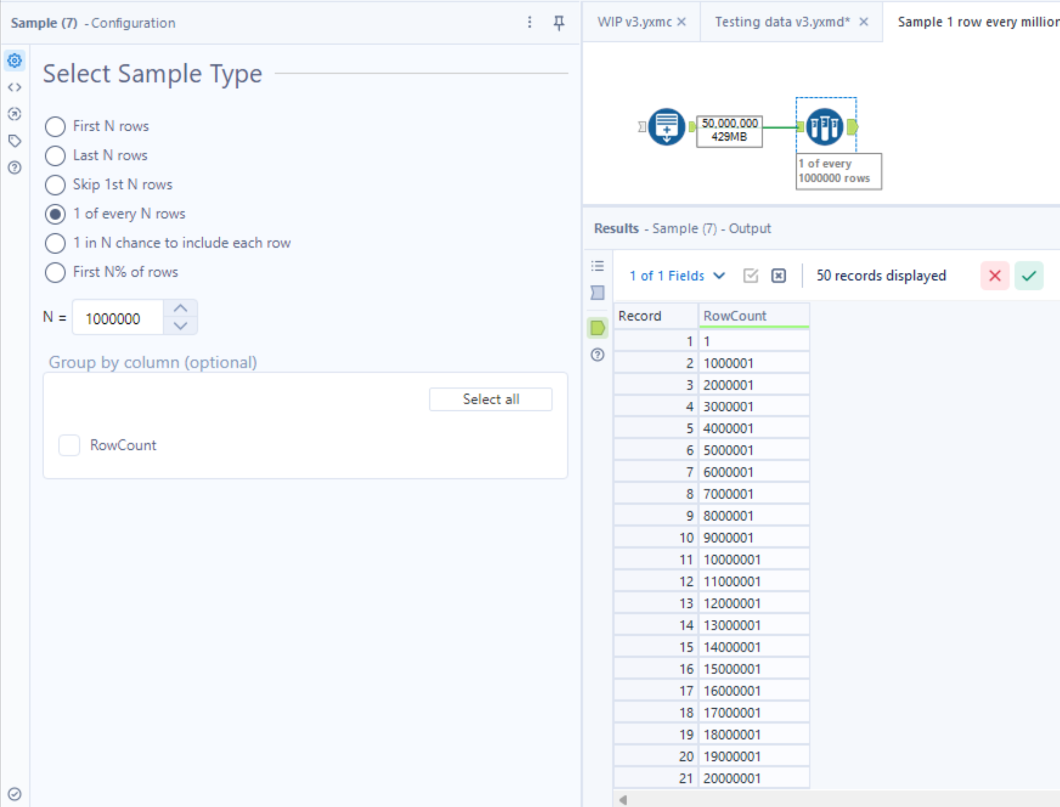 Solved: Sample one item every million rows (from a larger ... - Alteryx Community
