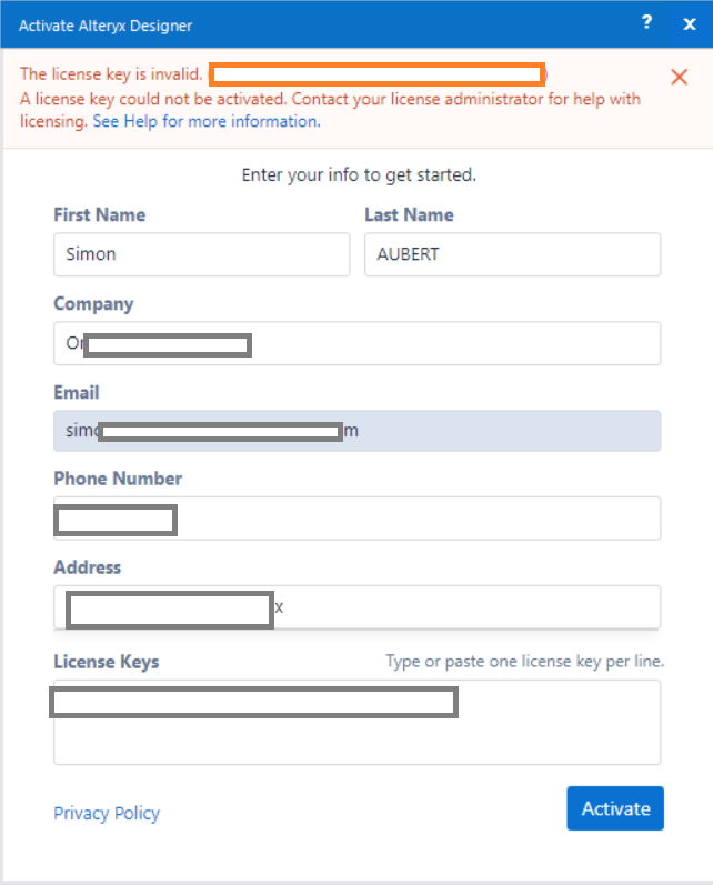 When activate license key, display more informatio... - Alteryx Community