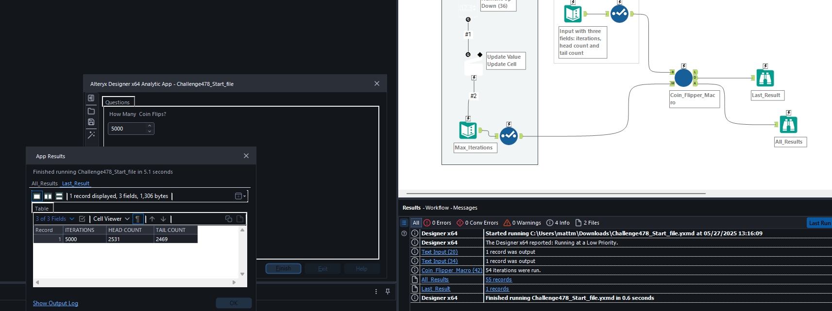 Challenge #478: Build a Coin Flip Simulation App - Alteryx Community